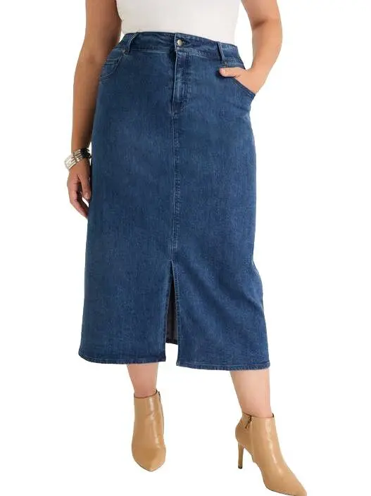 JUNE + VIE Front Slit Stretch Denim Midi Skirt - Medium Blue