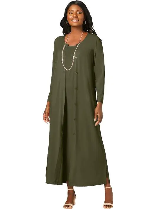 JESSICA LONDON Stretch Knit Duster Set - Dark Olive Green