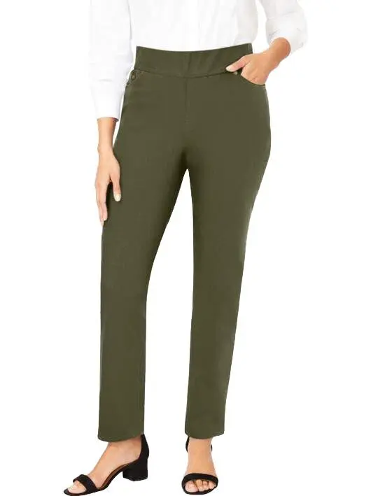 JESSICA LONDON Comfort Waist Stretch Denim Straight Leg Jean - Dark Olive Green