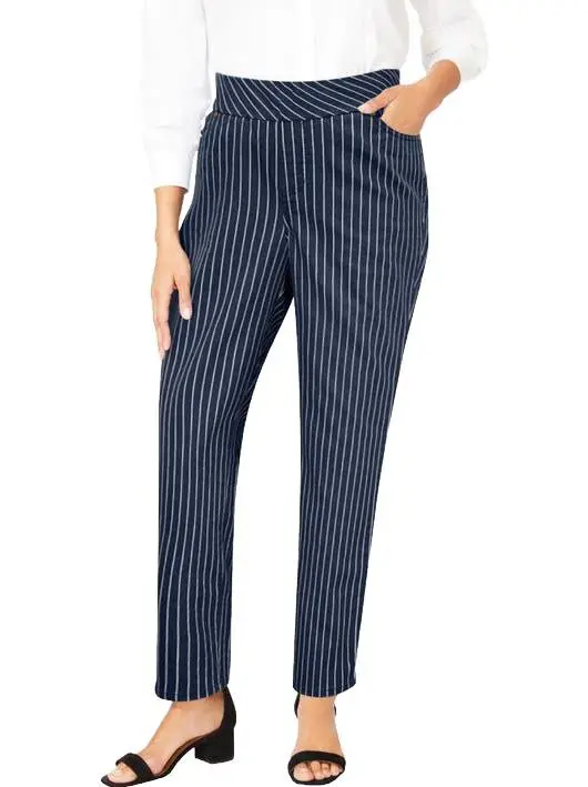JESSICA LONDON Comfort Waist Stretch Denim Straight Leg Jean - Navy Simple Pinstripe
