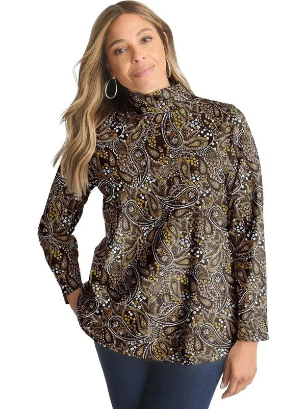 JESSICA LONDON Long Sleeve Mockneck Tee - Brown Garden Paisley