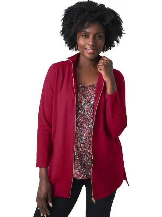 JESSICA LONDON Stretch Cotton Zip Front Hi-low Jacket - Rich Burgundy
