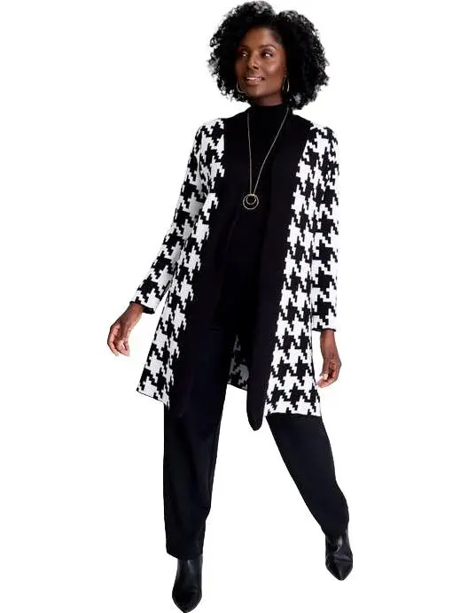 JESSICA LONDON Fine Gauge Knit Cardigan Topper - Black White Large Houndstooth