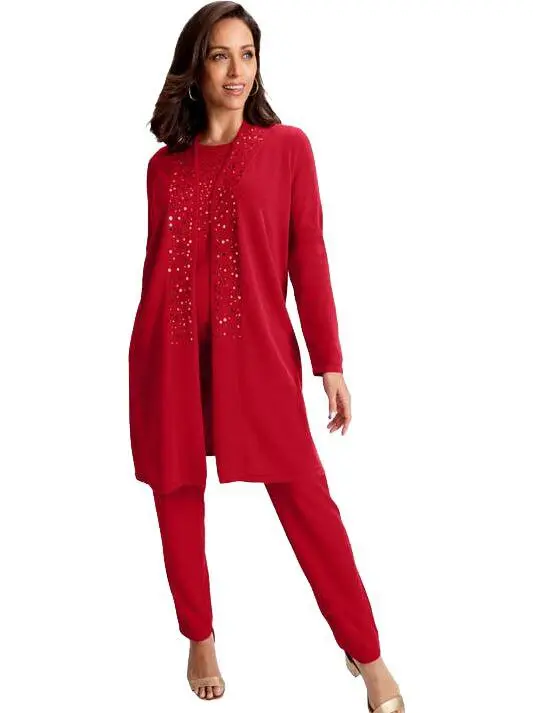 JESSICA LONDON Fine Gauge Knit Cardigan Topper - Classic Red Sequin