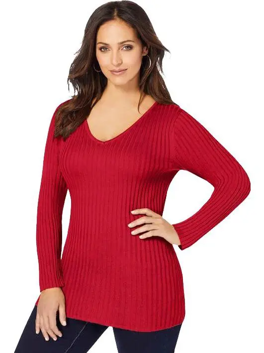JESSICA LONDON Ribbed V-neck Sweater - Classic Red