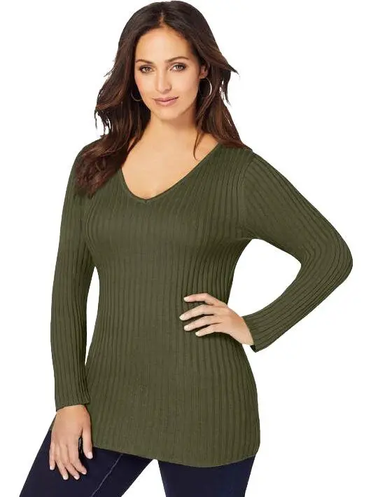 JESSICA LONDON Ribbed V-neck Sweater - Dark Olive Green