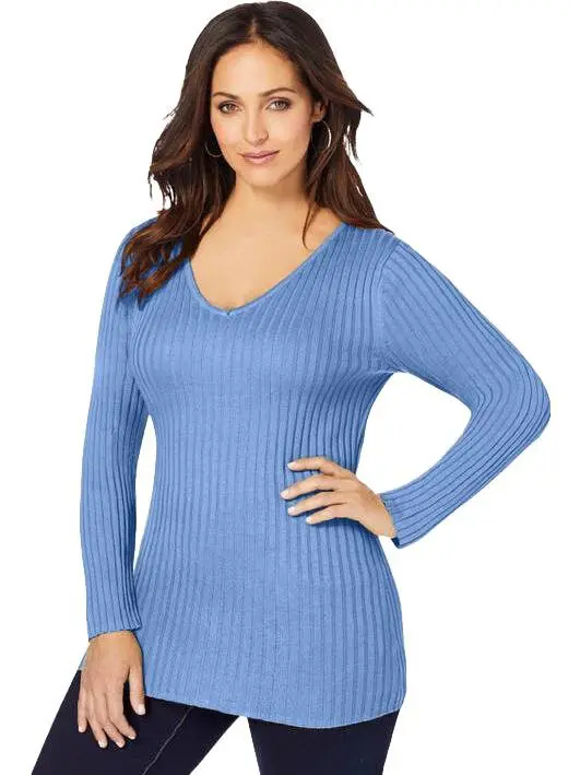 JESSICA LONDON Ribbed V-neck Sweater - French Blue