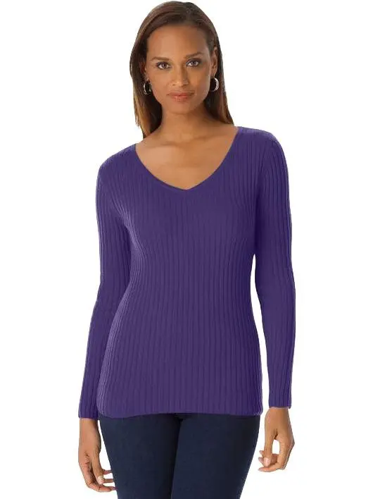 JESSICA LONDON Ribbed V-neck Sweater - Midnight Violet