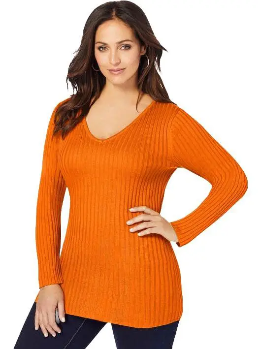 JESSICA LONDON Ribbed V-neck Sweater - Ultra Orange