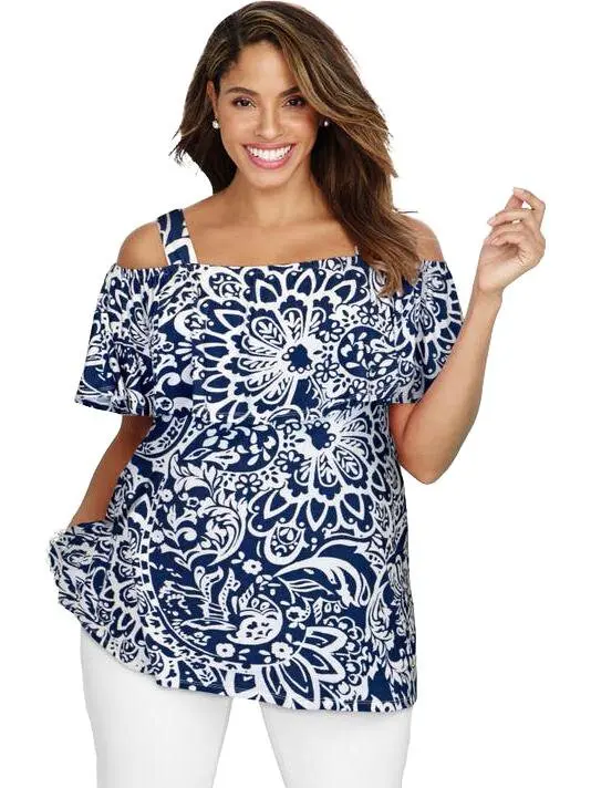 JESSICA LONDON Stretch Knit Cold Shoulder Ruffle Tunic - Navy Scroll Medallion