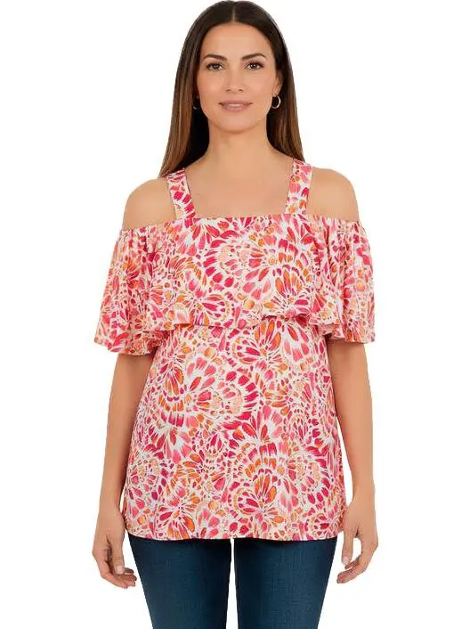 JESSICA LONDON Stretch Knit Cold Shoulder Ruffle Tunic - Pink Burst Feather