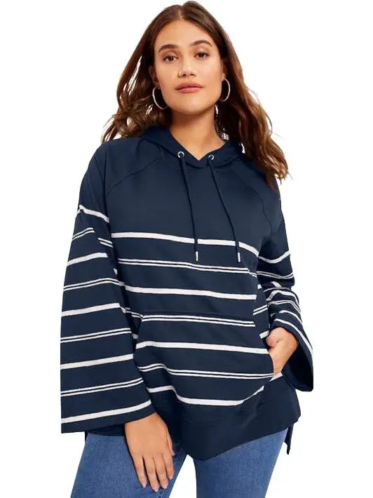 JUNE + VIE Bell-sleeve French Terry Pullover - Navy Horizontal Stripe