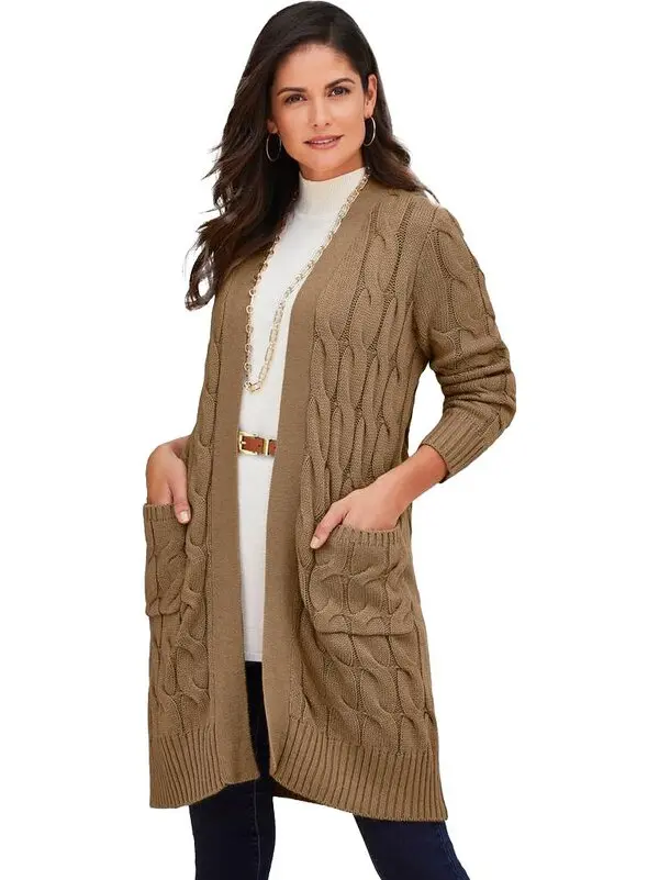 JESSICA LONDON Cable Duster Cardigan Sweater - Brown Maple
