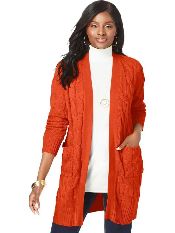 JESSICA LONDON Cable Duster Cardigan Sweater - Paprika Red