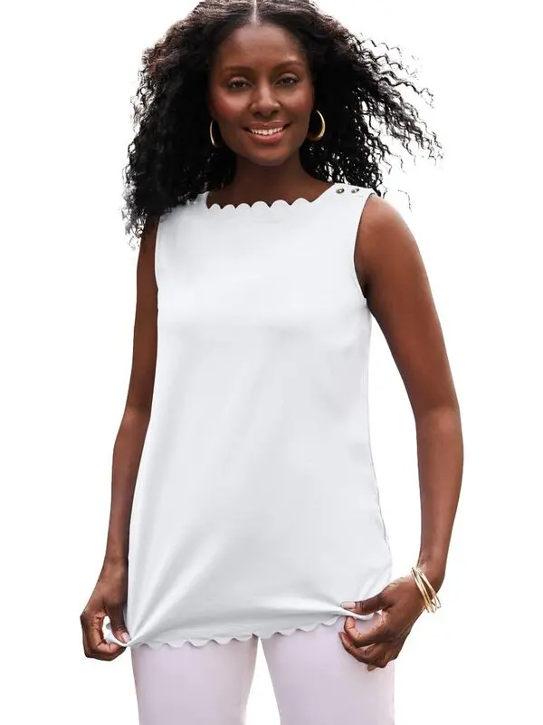 JESSICA LONDON Sleeveless Scallop Boatneck Tee - White