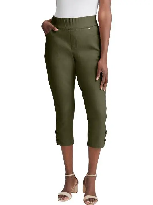 JESSICA LONDON Comfort Waist Stretch Denim Lace-up Capri - Dark Olive Green
