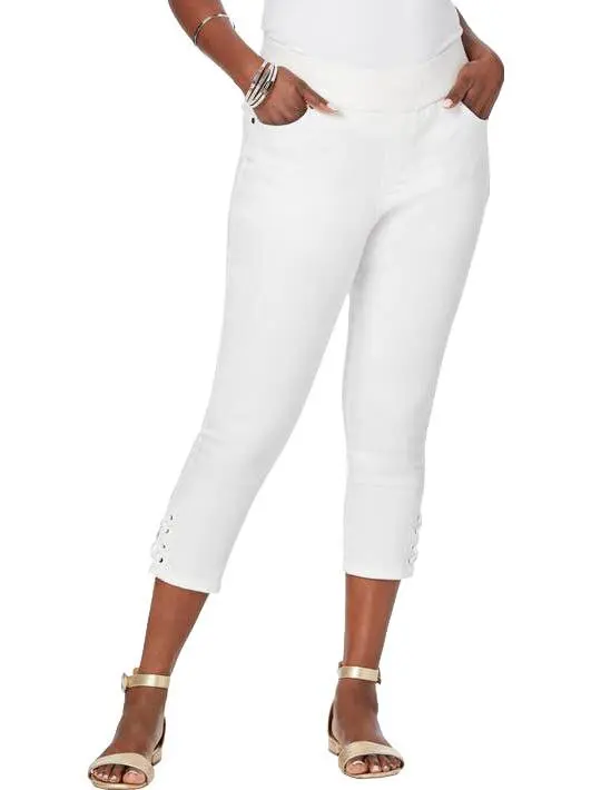 JESSICA LONDON Comfort Waist Stretch Denim Lace-up Capri - White