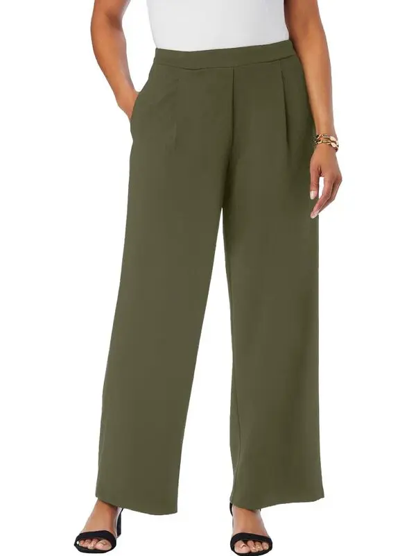 JESSICA LONDON Stretch Knit Crepe Wide Leg Pant - Dark Olive Green
