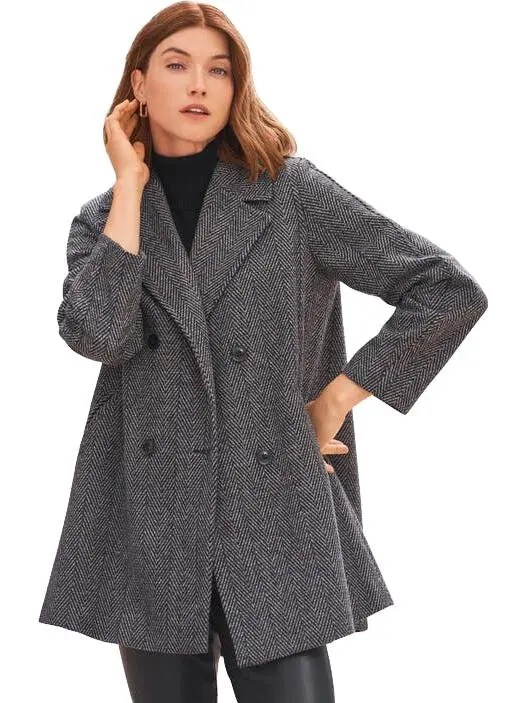 JESSICA LONDON A-line Wool Blend Pea Coat - Black Ivory Herringbone