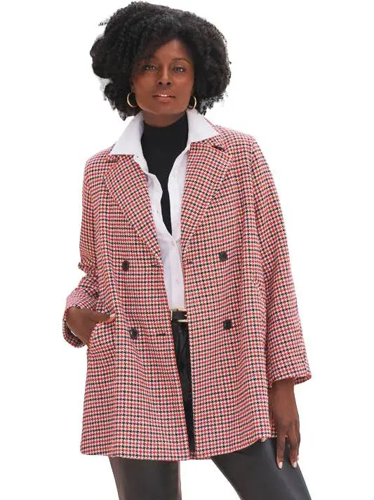 JESSICA LONDON A-line Wool Blend Pea Coat - Red Black Multi Houndstooth