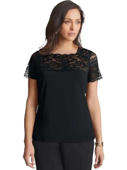 JESSICA LONDON Stretch Lace Neckline Top - Black