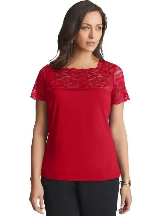 JESSICA LONDON Stretch Lace Neckline Top - Classic Red