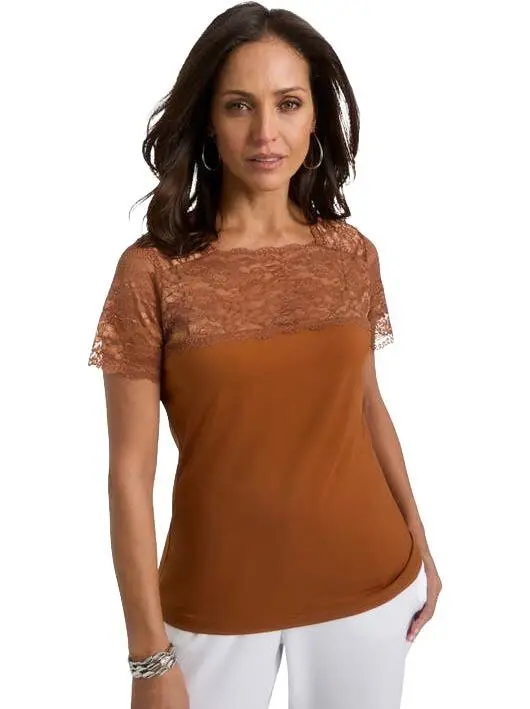 JESSICA LONDON Stretch Lace Neckline Top - Cognac