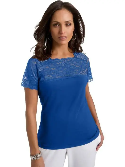 JESSICA LONDON Stretch Lace Neckline Top - Dark Sapphire