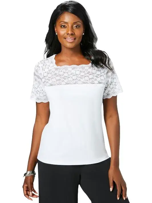 JESSICA LONDON Stretch Lace Neckline Top - White