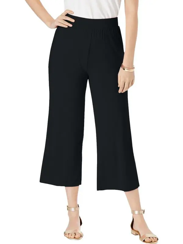 JESSICA LONDON Stretch Knit Cropped Wide Leg Pants - Black