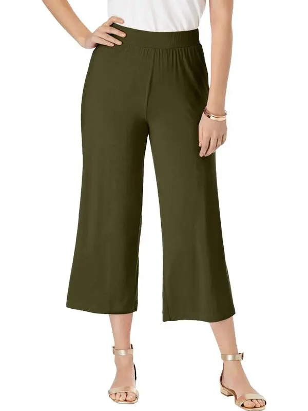 JESSICA LONDON Stretch Knit Cropped Wide Leg Pants - Dark Olive Green