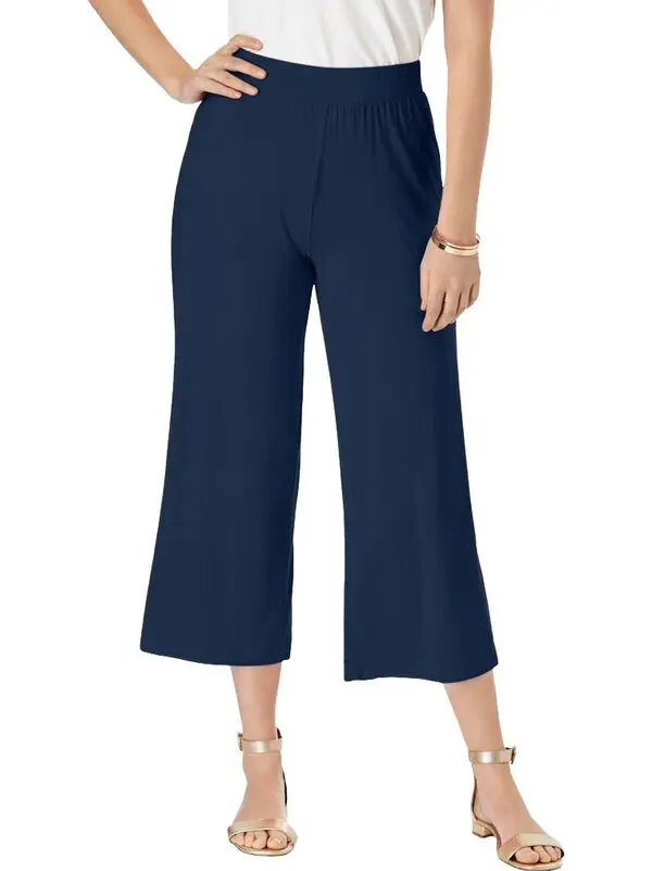 JESSICA LONDON Stretch Knit Cropped Wide Leg Pants - Navy