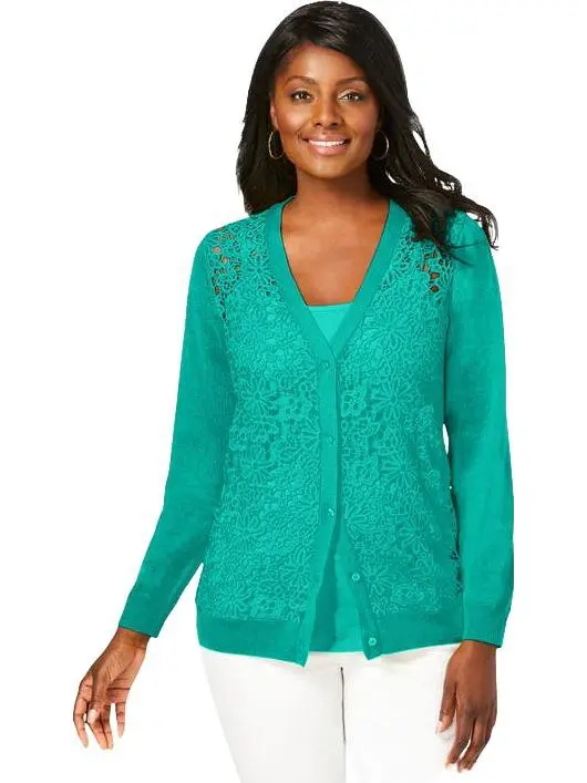 JESSICA LONDON Crochet Button-front Cardigan - Aqua Sea