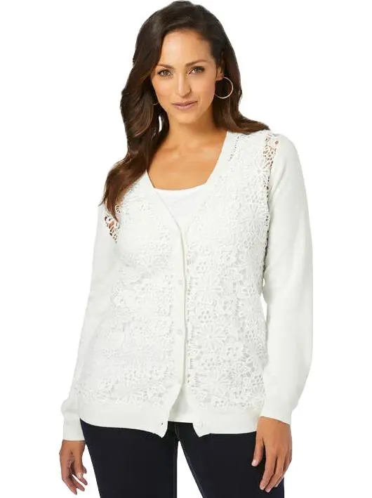 JESSICA LONDON Crochet Button-front Cardigan - White