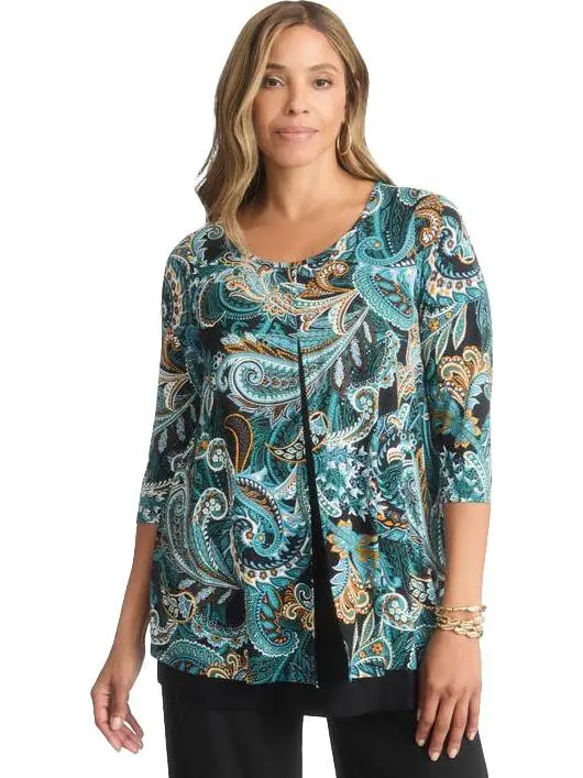 JESSICA LONDON Crew Neck Double Layered Tunic - Frost Teal Paisley
