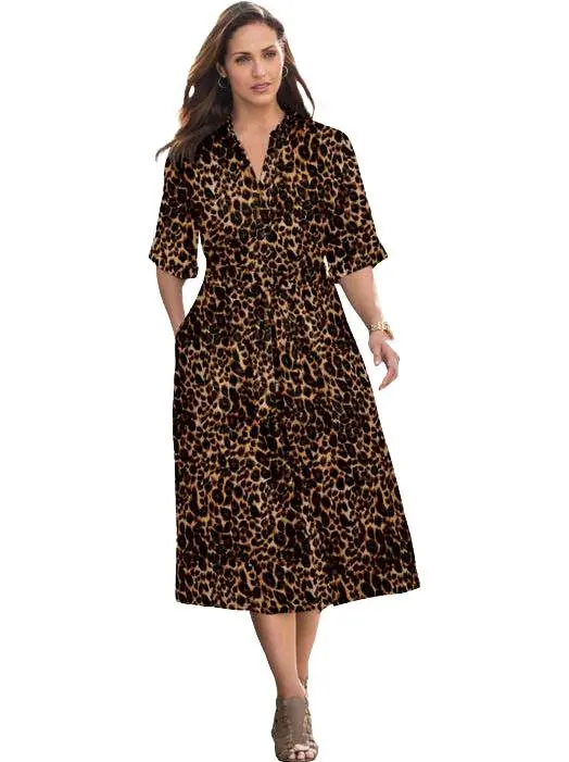 JESSICA LONDON Soft Denim Shirt Dress - Brown Painterly Cheetah