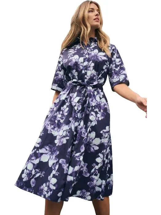JESSICA LONDON Soft Denim Shirt Dress - Navy Watercolor Flowers