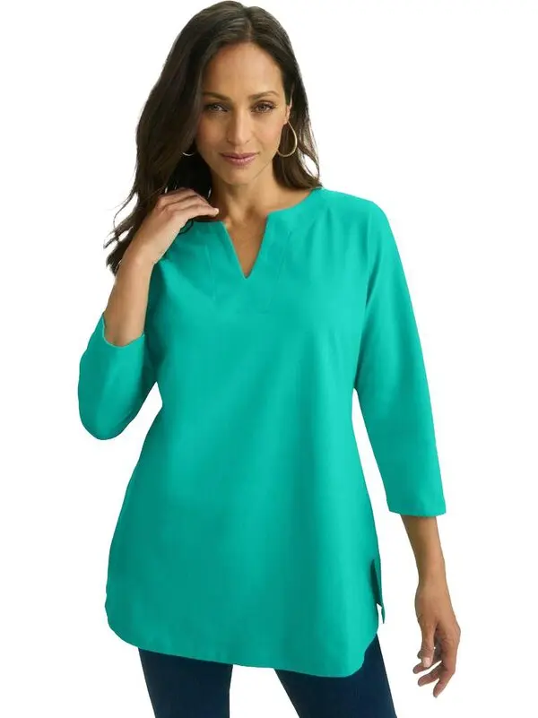 JESSICA LONDON Stretch Cotton Notch Neck Tunic - Aqua Sea