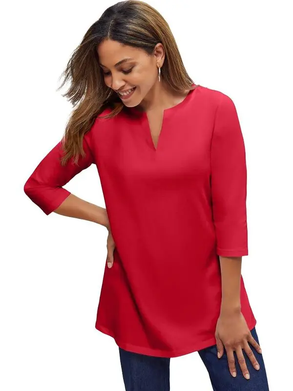 JESSICA LONDON Stretch Cotton Notch Neck Tunic - Classic Red