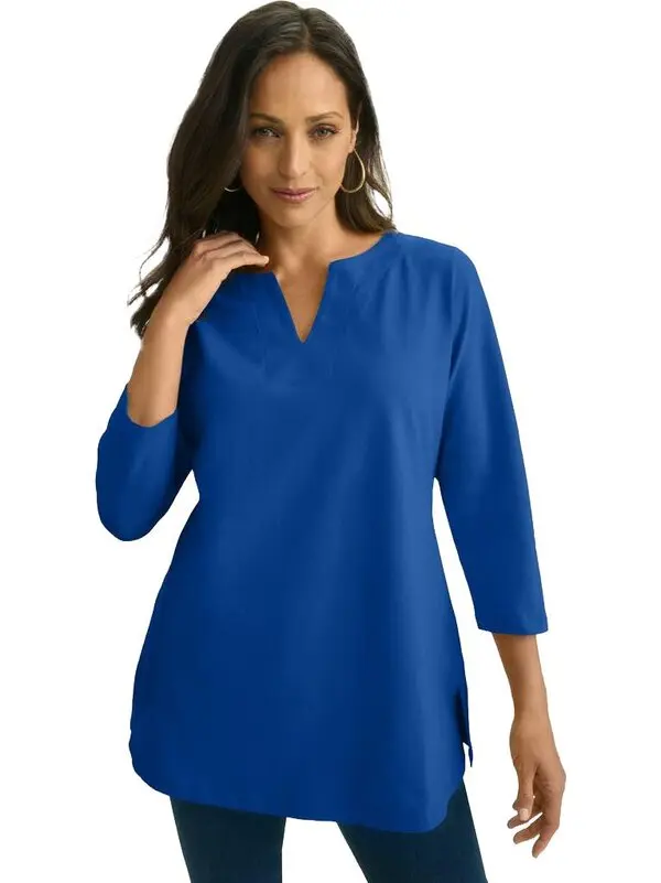 JESSICA LONDON Stretch Cotton Notch Neck Tunic - Dark Sapphire