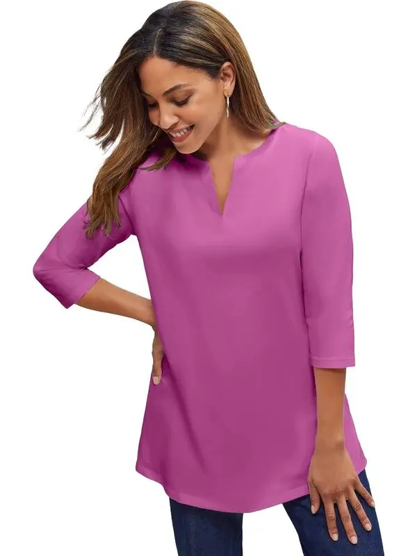 JESSICA LONDON Stretch Cotton Notch Neck Tunic - Deep Orchid