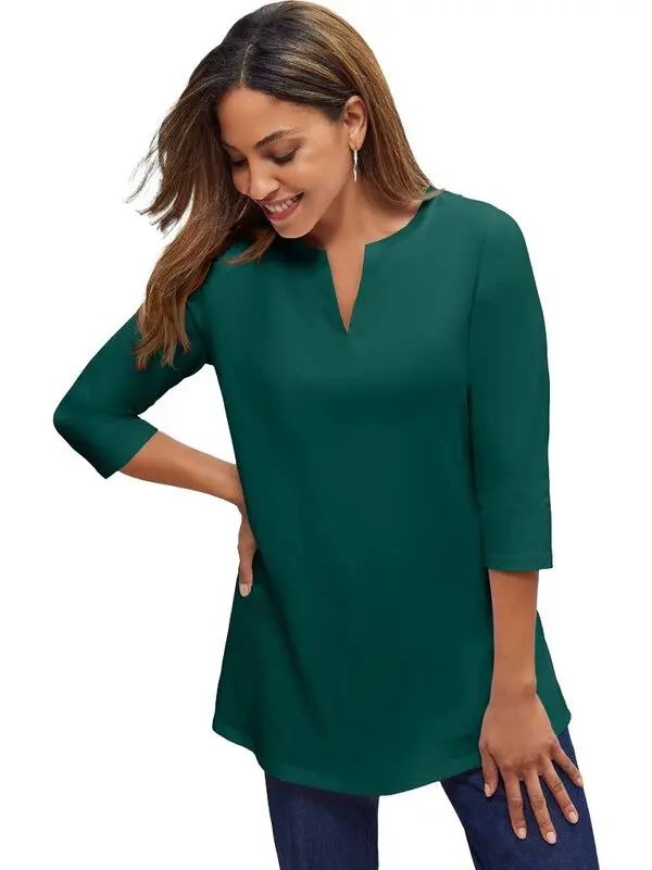 JESSICA LONDON Stretch Cotton Notch Neck Tunic - Emerald Green