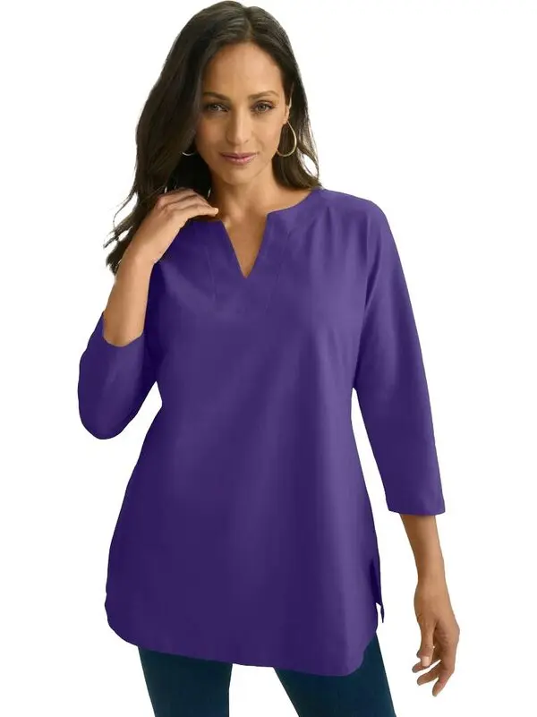JESSICA LONDON Stretch Cotton Notch Neck Tunic - Midnight Violet