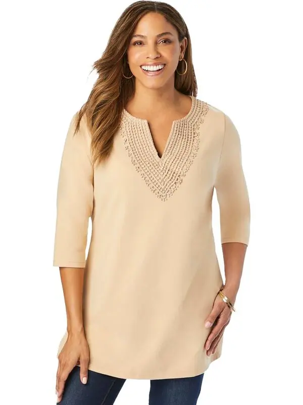 JESSICA LONDON Stretch Cotton Notch Neck Tunic - New Khaki Crochet