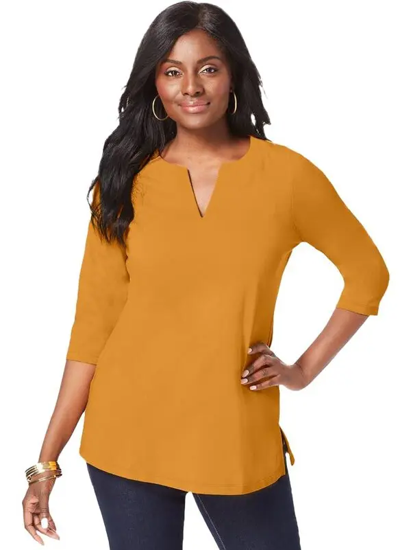 JESSICA LONDON Stretch Cotton Notch Neck Tunic - Rich Gold