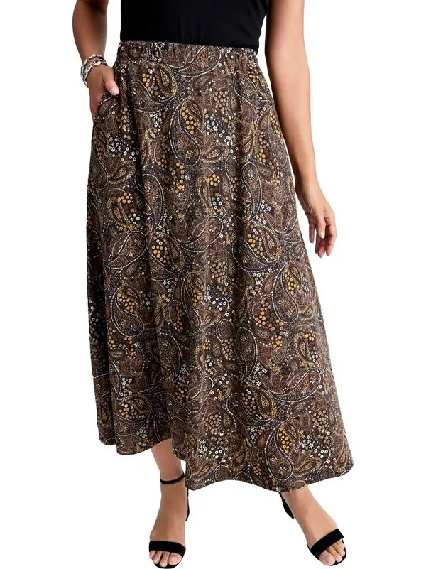 JESSICA LONDON Soft Ease Knit Midi Skirt - Brown Garden Paisley
