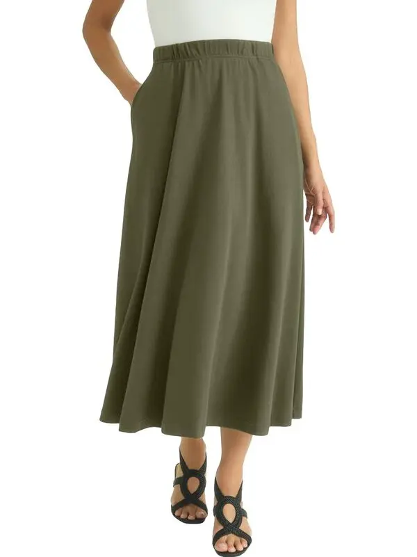 JESSICA LONDON Soft Ease Knit Midi Skirt - Dark Olive Green