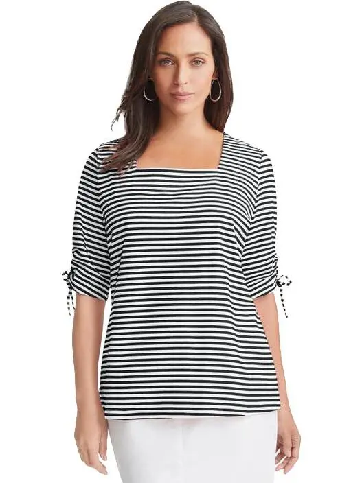 JESSICA LONDON Stretch Cotton Tie Sleeve Square Neck Tee - Black Feeder Stripe