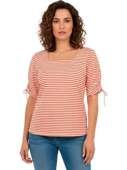 JESSICA LONDON Stretch Cotton Tie Sleeve Square Neck Tee - Burnt Red Feeder Stripe