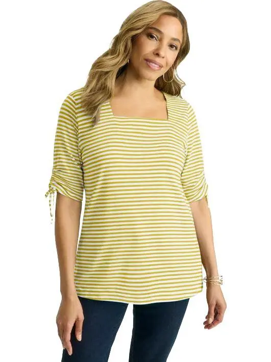 JESSICA LONDON Stretch Cotton Tie Sleeve Square Neck Tee - Citrus Feeder Stripe